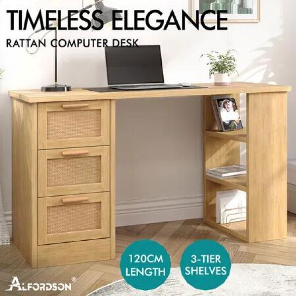 Alfordson Computer Desk Drawers Office Laptop PC Study Table Shelf Oak ...