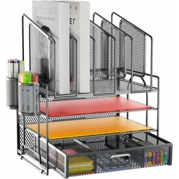 Desk Organizer File Holder 4-Tier Mesh Desk File Organizer with 5 ...