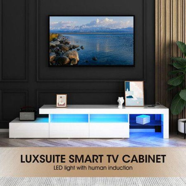 White Luxsuite Smart TV Stand With LED Storage | RedTicket
